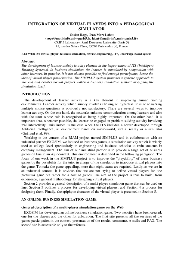 (PDF) INTEGRATION OF VIRTUAL PLAYERS INTO A PEDAGOGICAL SIMULATOR