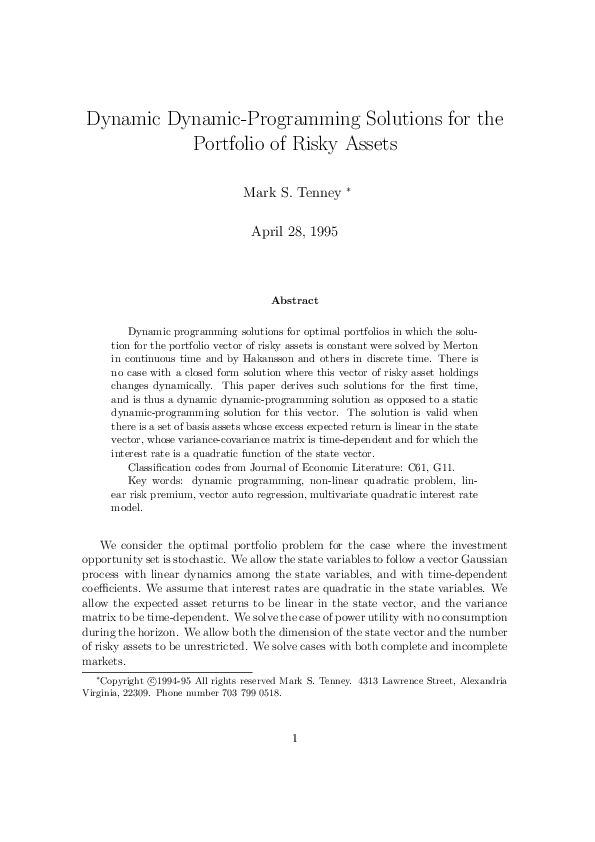 (PDF) Dynamic Dynamic-Programming Solutions for the Portfolio of Risky ...