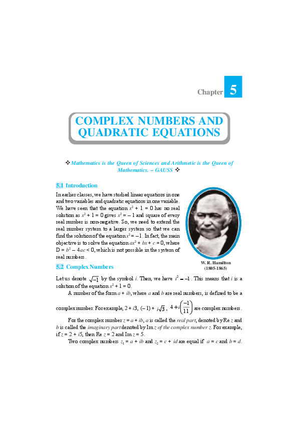 (PDF) Chapter COMPLEX NUMBERS AND QUADRATIC EQUATIONS