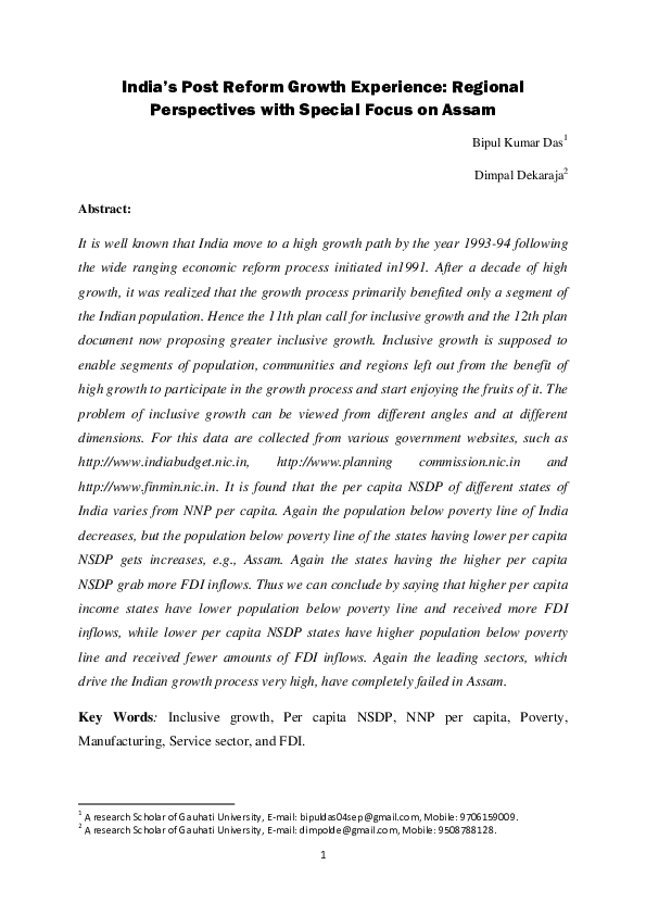 (PDF) India’s Post Reform Growth Experience: Regional Perspectives with ...