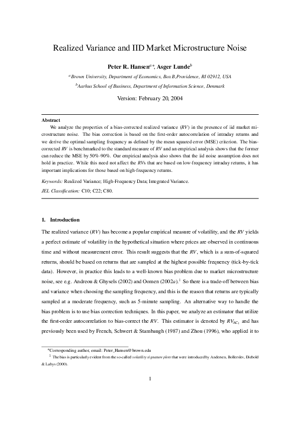 (PDF) Realized Variance and Market Microstructure Noise