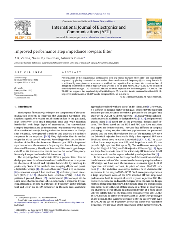 (PDF) Improved performance step impedance lowpass filter