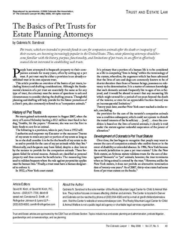 (PDF) The Basics of Pet Trusts for Estate Planning Attorneys