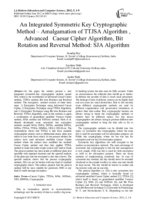 Pdf An Integrated Symmetric Key Cryptographic Methodamalgamation Of Ttjsa Algorithm Advanced