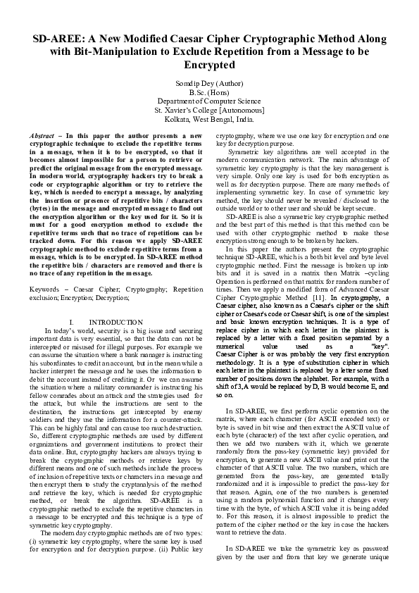 (PDF) SD-AREE: A New Modified Caesar Cipher Cryptographic Method Along with Bit-Manipulation to ...