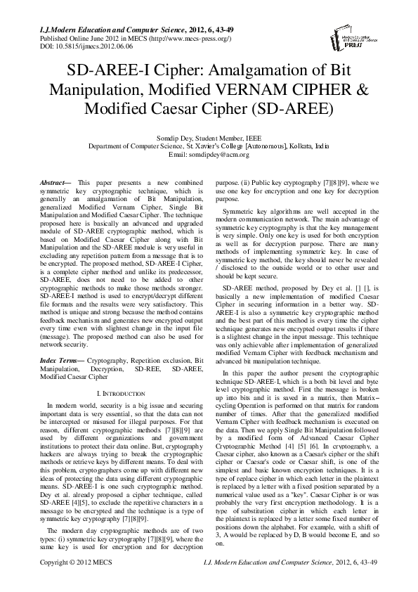 (PDF) SD-AREE-I Cipher: Amalgamation of Bit Manipulation, Modified ... (PDF) SD-AREE-I Cipher: Amalgamation of Bit Manipulation, Modified ...