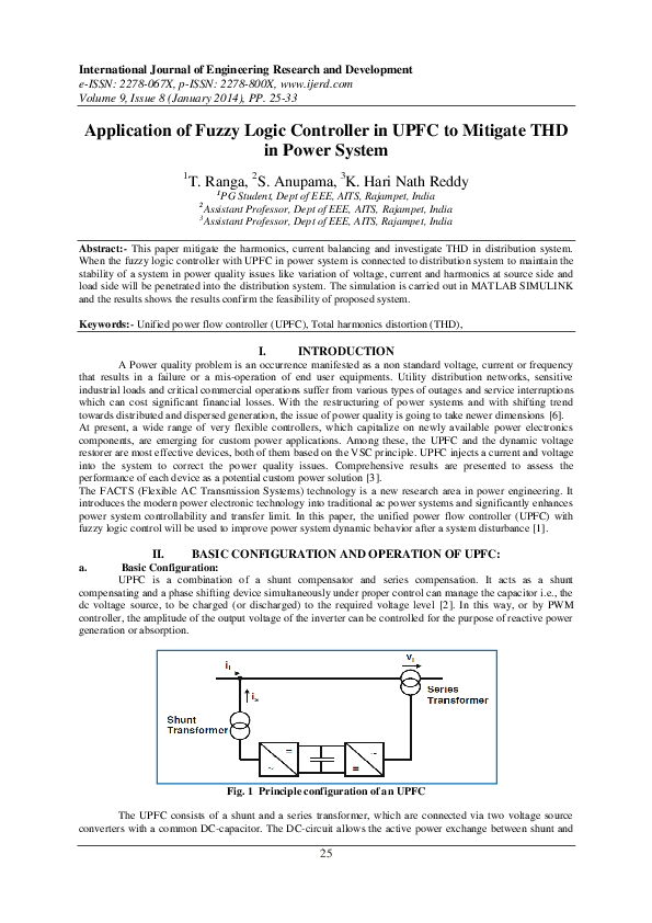 Pdf Application Of Fuzzy Logic Controller In Upfc To Mitigate Thd In Power System
