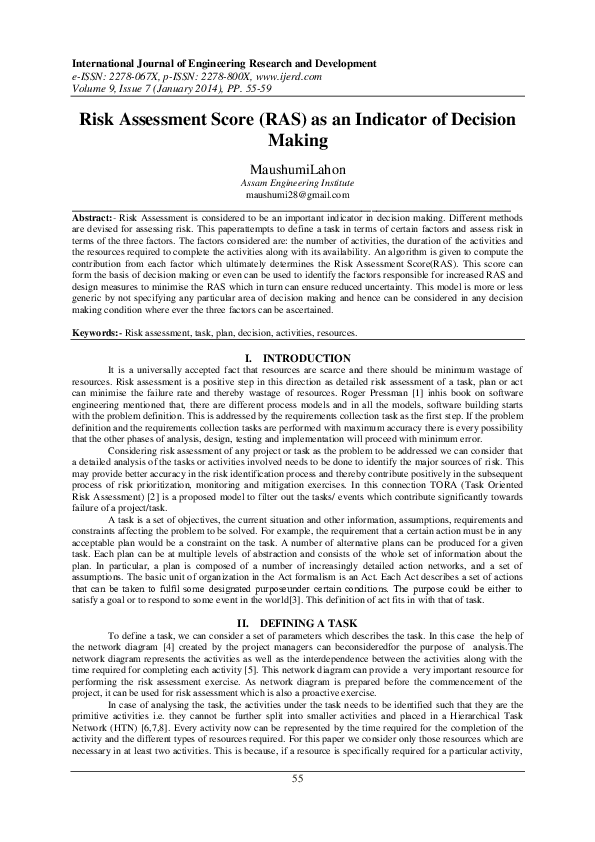 (PDF) Risk Assessment Score (RAS) as an Indicator of Decision Making