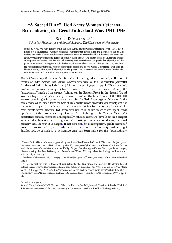 (PDF) A Sacred Duty”: Red Army Women Veterans Remembering the Great ...