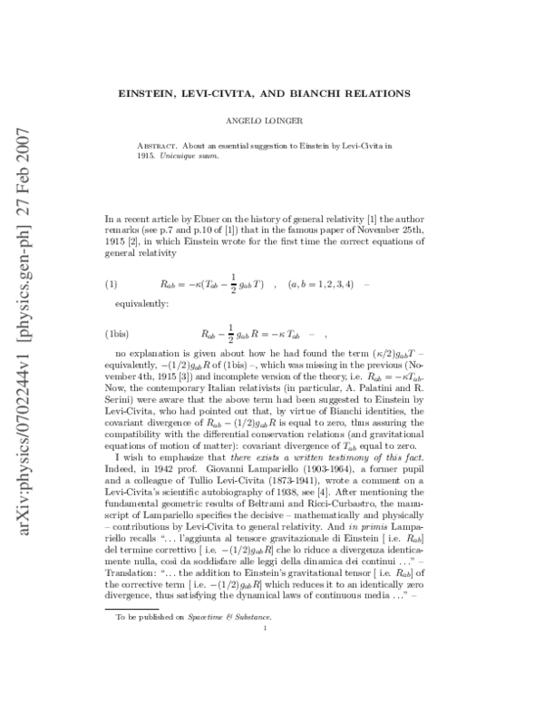 (PDF) Einstein, Levi-Civita, and Bianchi relations | Angelo Loinger ...