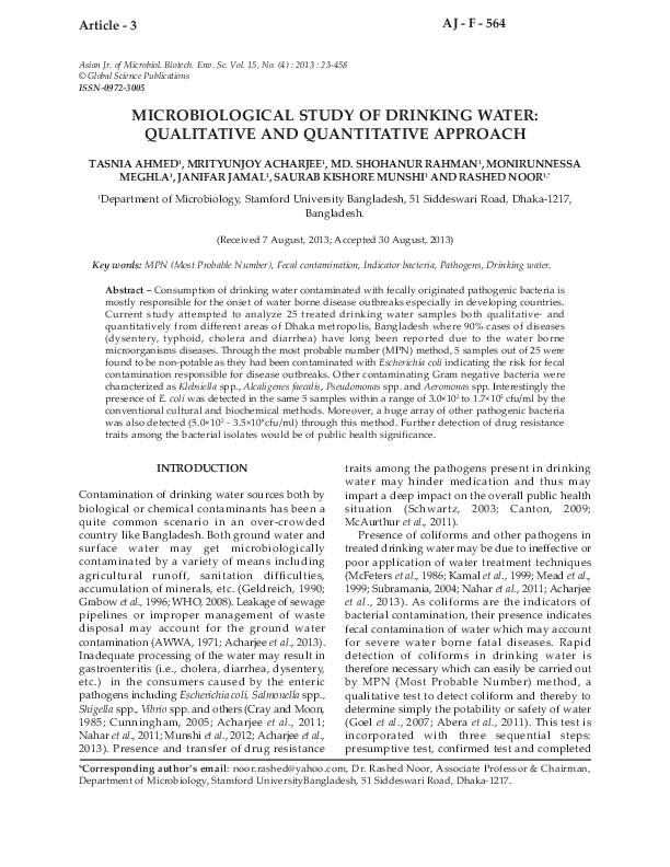 (PDF) MICROBIOLOGICAL STUDY OF DRINKING WATER: QUALITATIVE AND ...