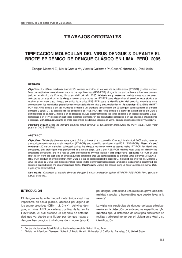 (PDF) TIPIFICACIÓN MOLECULAR DEL VIRUS DENGUE 3 DURANTE EL BROTE ...