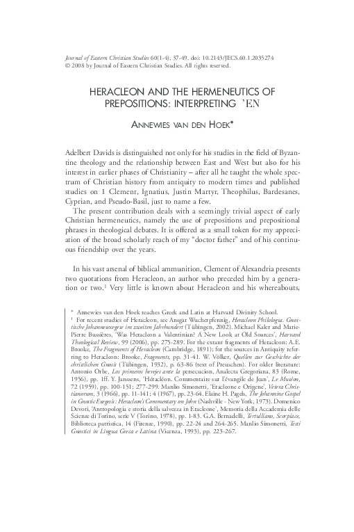 (PDF) Heracleon and the Hermeneutics of Prepositions: Ιnterpreting έν