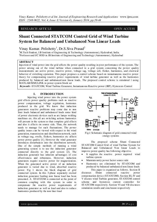 Shunt Connected Statcom Control Grid Of Wind Turbine System For Balanced And Unbalanced Non 