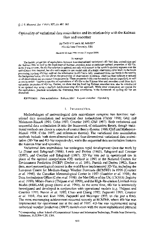 Pdf Optimality Of Variational Data Assimilation And Its Relationship With The Kalman Filter