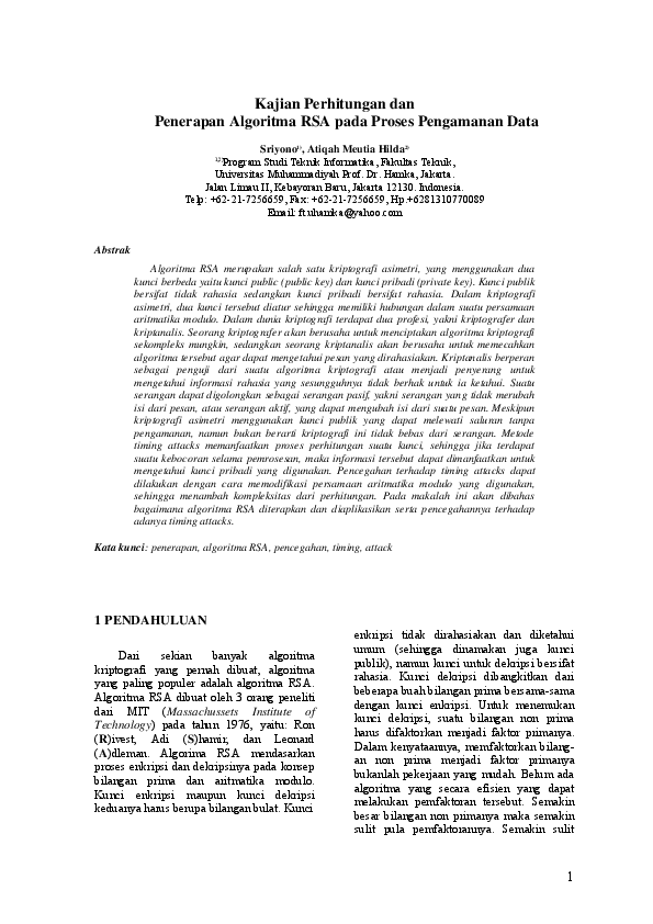 (PDF) Kajian Perhitungan dan Penerapan Algoritma RSA pada Proses Pengamanan Data Sriyono 1