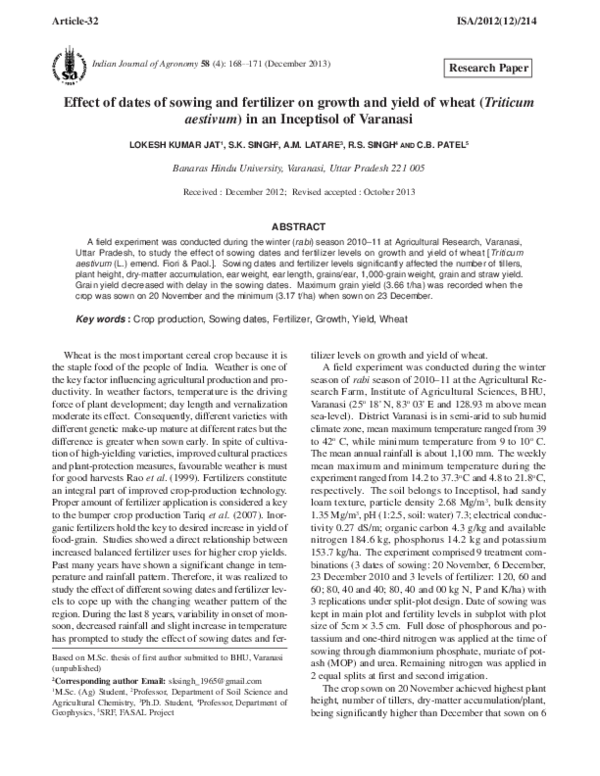 Pdf Effect Of Dates Of Sowing And Fertilizer On Growth And Yield Of