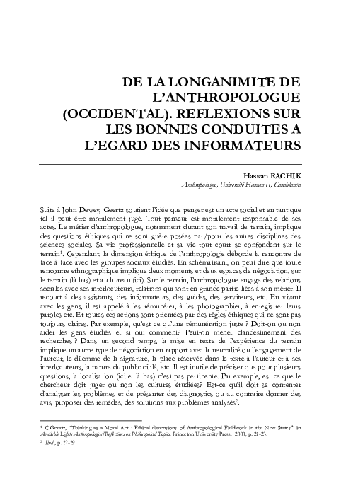 DE LA LONGANIMITE DE L'ANTHROPOLOGUE (OCCIDENTAL). REFLEXIONS SUR LES ...