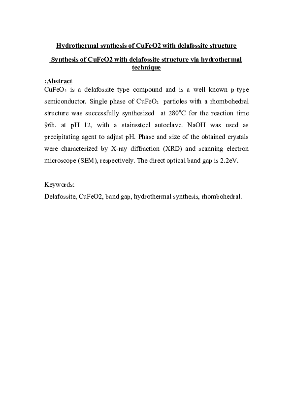 Doc Hydrothermal Syntheis Of Cu Fe O2 With Delafossite Structure