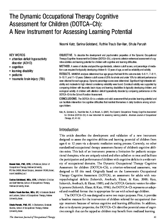 (PDF) The Dynamic Occupational Therapy Cognitive Assessment for ...