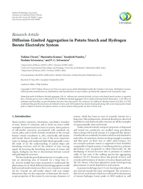 (PDF) Diffusion-Limited Aggregation in Potato Starch and Hydrogen Borate Electrolyte System