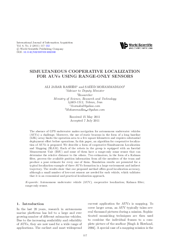 (PDF) SIMULTANEOUS COOPERATIVE LOCALIZATION FOR AUVs USING RANGE-ONLY SENSORS