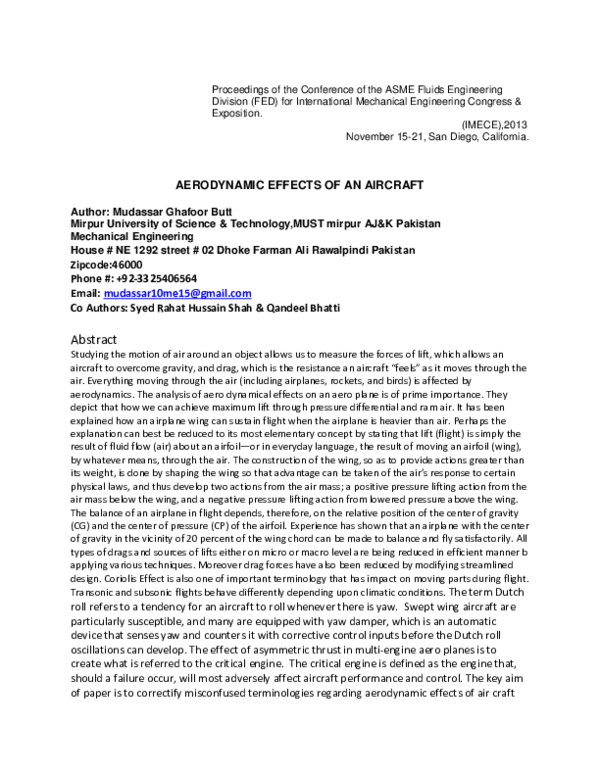 (PDF) AERODYNAMIC EFFECTS OF AN AIRCRAFT Author: Mudassar Ghafoor Butt ...