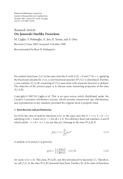 Pdf Research Article On Janowski Starlike Functions Mert Yavuz