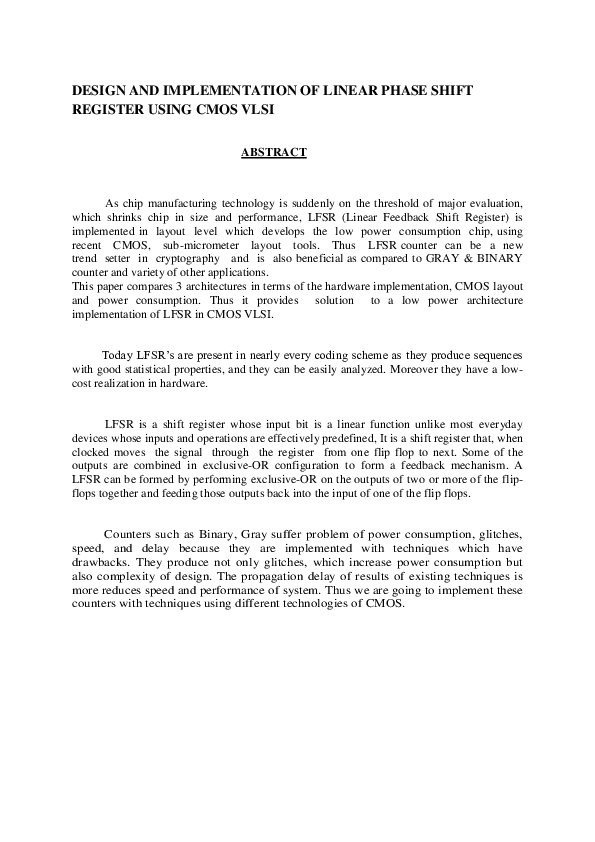 Doc Design And Implementation Of Linear Phase Shift Register Using Cmos Vlsi