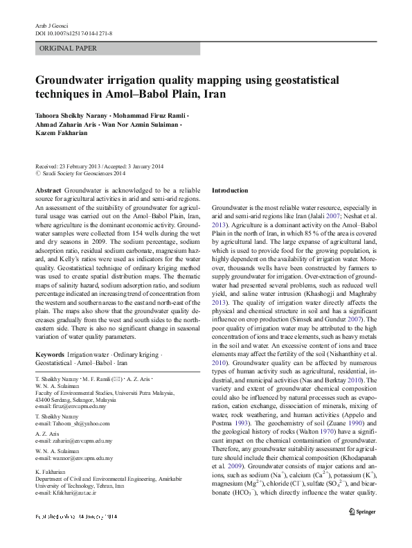 (PDF) Groundwater irrigation quality mapping using geostatistical techniques in Amol–Babol Plain ...