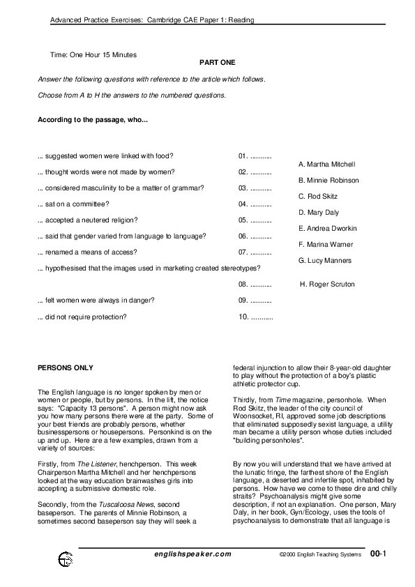 (PDF) Advanced Practice Exercises: Cambridge CAE Paper 1: Reading 00-1 ...