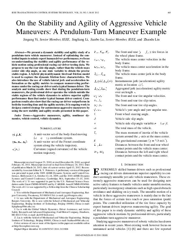 (PDF) On the Stability and Agility of Aggressive Vehicle Maneuvers: A ...