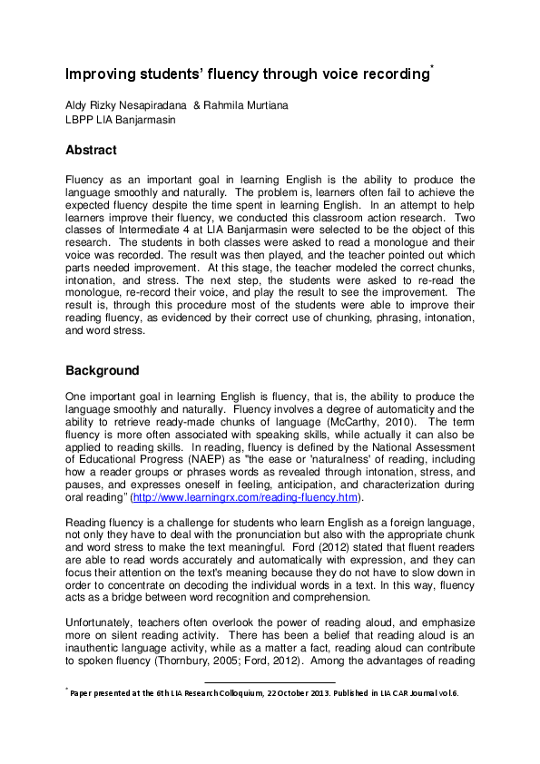 (PDF) Improving students' fluency through voice recording