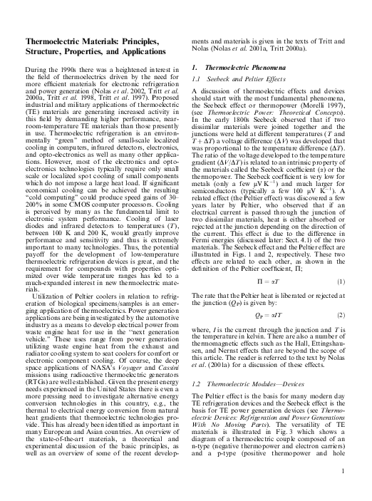 (PDF) Thermoelectric Materials: Principles, Structure, Properties, and ...