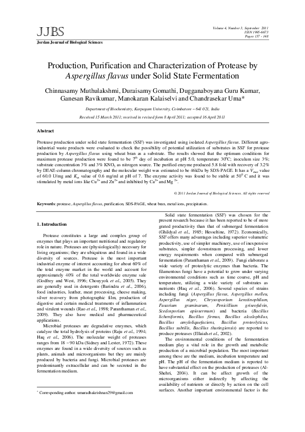 (PDF) Production, Purification and Characterization of Protease by Aspergillus flavus under ...