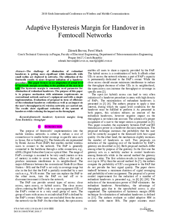 (PDF) Adaptive Hysteresis Margin for Handover in Femtocell Networks