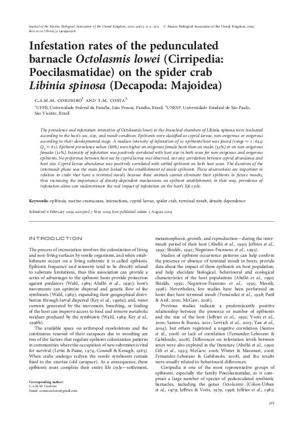 (PDF) Infestation rates of the pedunculated barnacle Octolasmis lowei ...