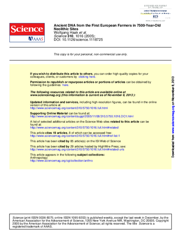 (PDF) Neolithic Sites Ancient DNA from the First European Farmers in ...