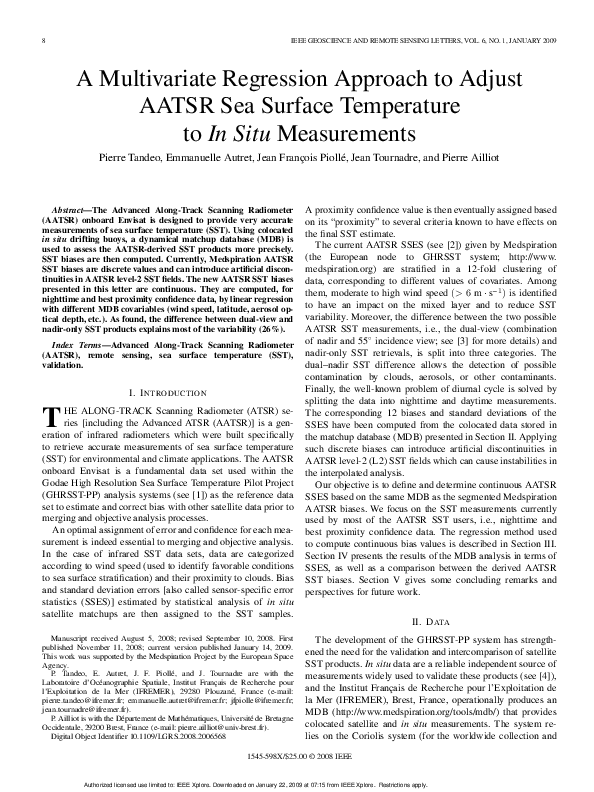(PDF) A Multivariate Regression Approach to Adjust AATSR Sea Surface Temperature to In Situ ...