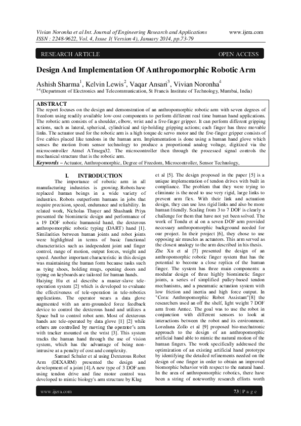 (PDF) Design And Implementation Of Anthropomorphic Robotic Arm