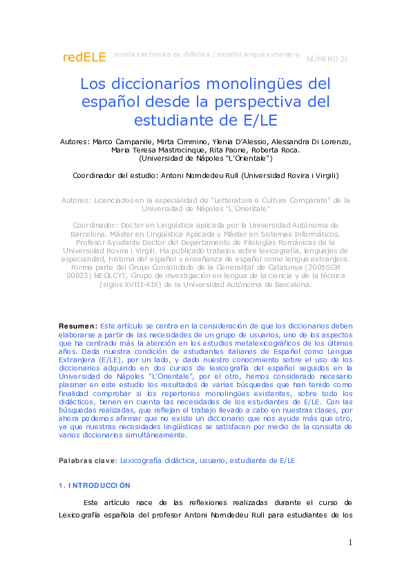 (PDF) Los diccionarios monolingües del español desde la perspectiva del ...