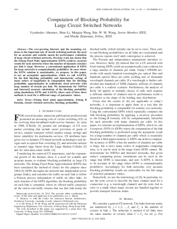 (PDF) Computation of Blocking Probability for Large Circuit Switched Networks