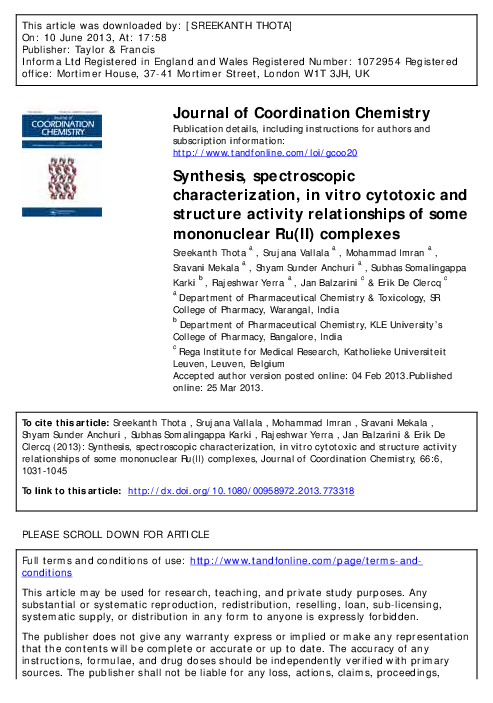 (PDF) Synthesis, spectroscopic characterization, in vitro cytotoxic and structure activity ...