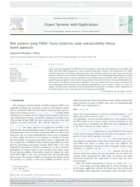 (PDF) Risk analysis using FMEA: fuzzy similarity and possibility theory based approach