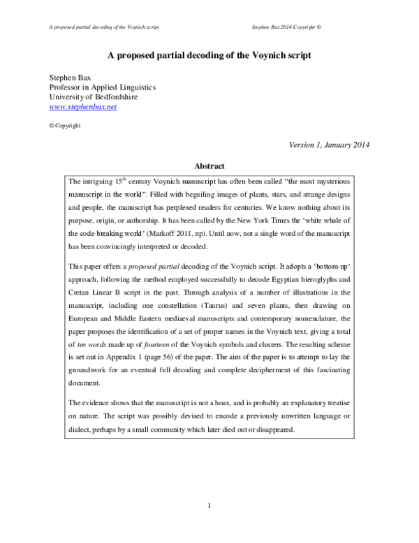 (PDF) A proposed partial decoding of the Voynich script (PDF) A proposed partial decoding of the Voynich script