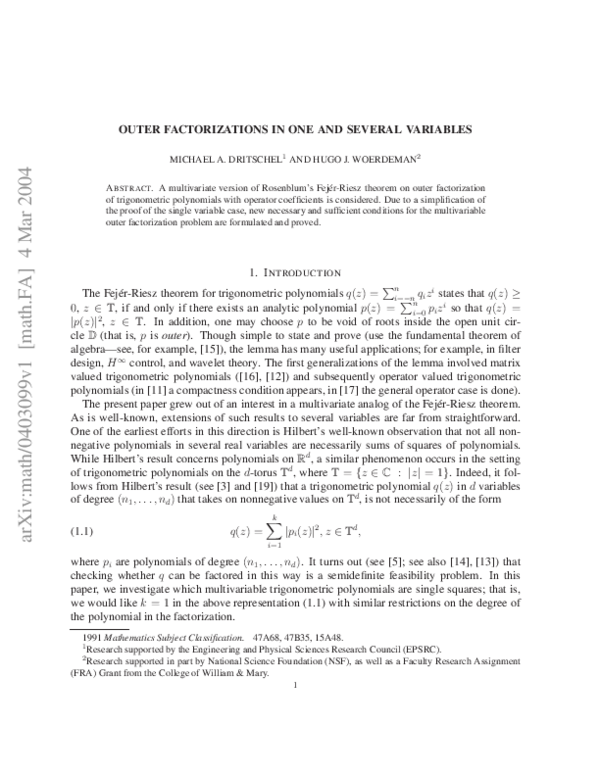 Pdf Outer Factorizations In One And Several Variables