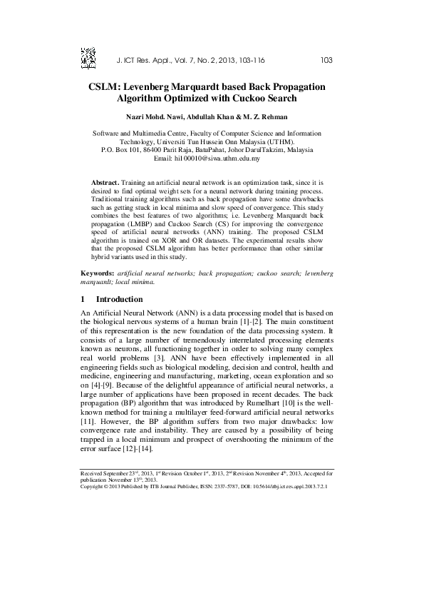 Pdf Cslm Levenberg Marquardt Based Back Propagation Algorithm Optimized With Cuckoo Search