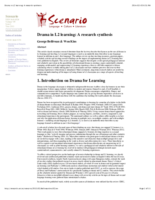 (PDF) Drama in L2 learning: Research Synthesis