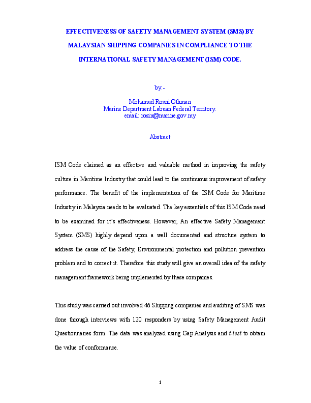 (PDF) EFFECTIVENESS OF SAFETY MANAGEMENT SYSTEM (SMS) BY MALAYSIAN ...