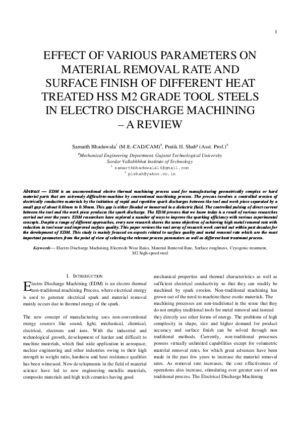 (PDF) EFFECT OF VARIOUS PARAMETERS ON MATERIAL REMOVAL RATE AND SURFACE ...